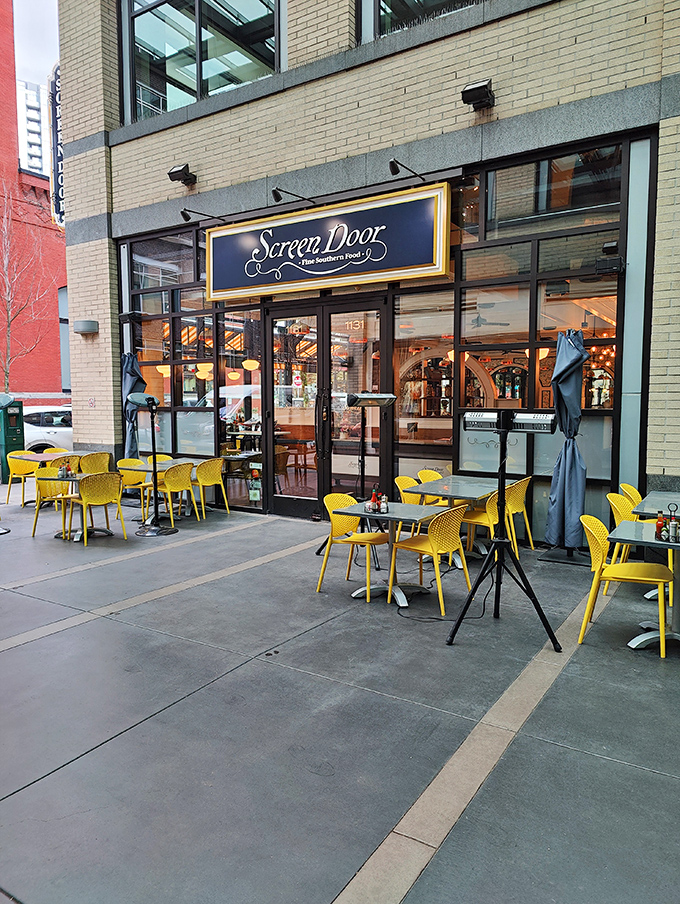 The bright yellow chairs outside Screen Door's Pearl District location pop against the urban backdrop like sunshine on a Portland rainy day.