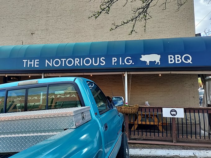 A blue awning that promises BBQ bliss? It's like finding a meaty oasis in the heart of Missoula. The Notorious P.I.G. is ready to make your taste buds dance.