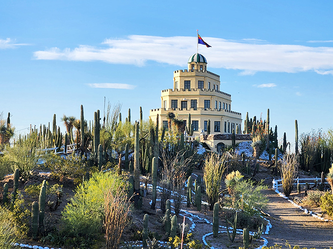 A desert mirage or architectural marvel? Tovrea Castle rises from the Arizona landscape like a wedding cake dropped in a cactus garden.