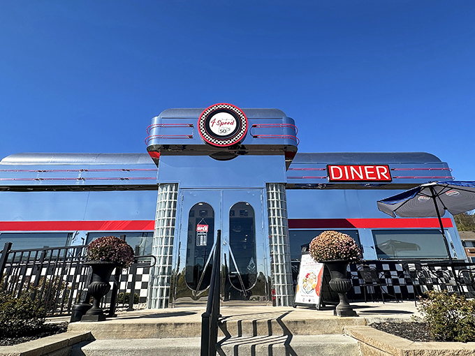 Step into a time machine disguised as a diner! This gleaming silver exterior promises a journey back to the fabulous fifties. 