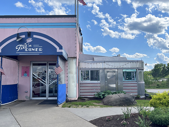 Step back in time! The Tilt'n Diner's pink facade and chrome trim are like a '50s Cadillac you can eat in.