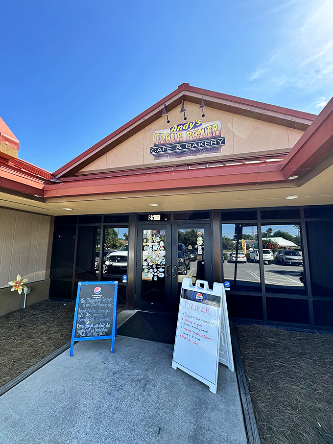 Welcome to breakfast paradise! Andy's Flour Power stands out like a beacon of hope for hungry souls, its red roof a promise of deliciousness to come.