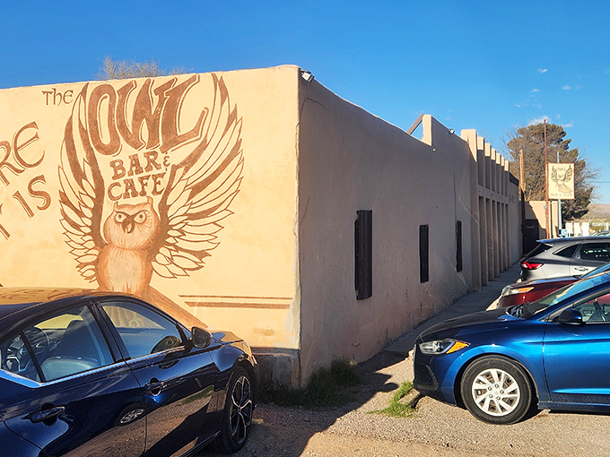 A desert mirage? Nope, just the coolest owl you'll ever see! The Owl Bar & Cafe's exterior mural is like a beacon for burger lovers.