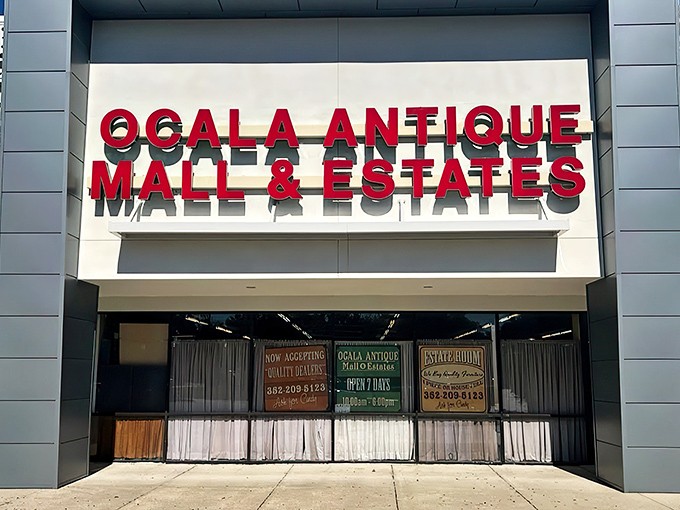 Step right up, folks! The Ocala Antique Mall & Estates beckons with its modern facade, promising a journey through time just beyond those doors.