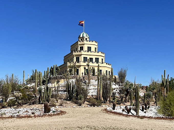 A desert mirage or architectural marvel? Tovrea Castle rises from the Arizona landscape like a wedding cake dropped in a cactus garden.