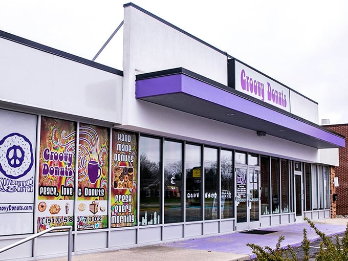 Groovy, baby! This psychedelic storefront is like Austin Powers' dream bakery, promising a far-out donut experience.