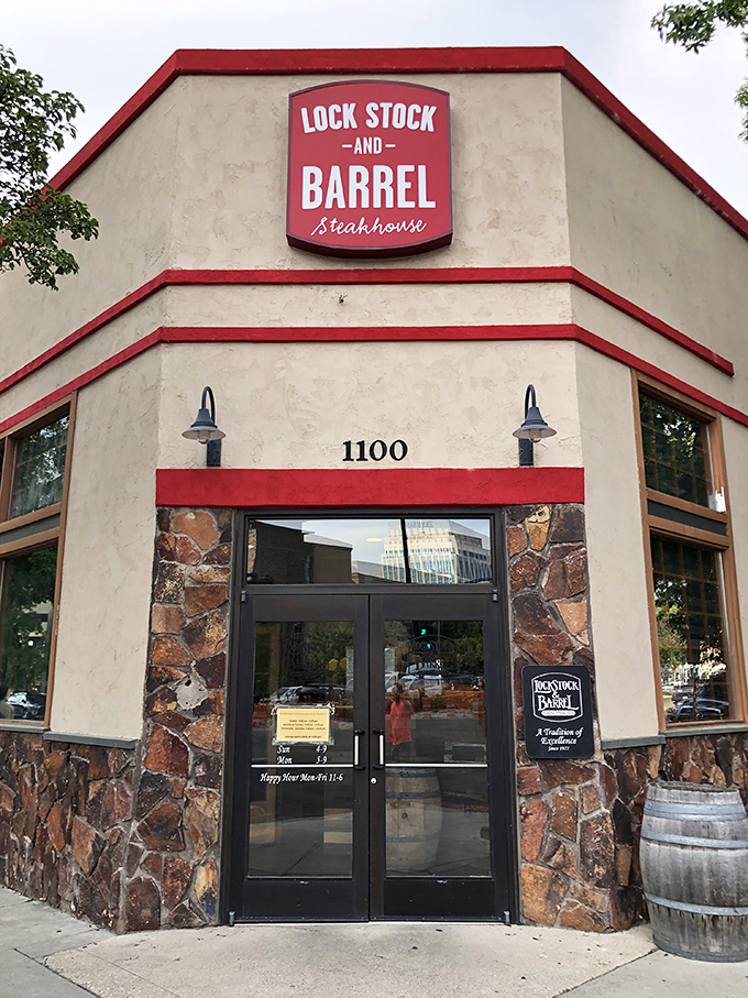 The corner steakhouse that's been calling Boiseans home since 1977. That barrel by the door isn't just decoration—it's a promise of the old-school delights awaiting inside.