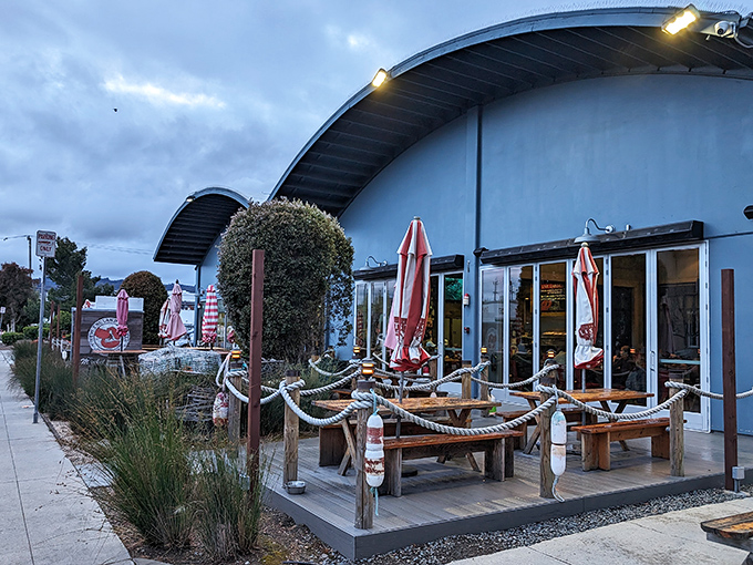 Welcome to lobster paradise! This nautical-themed exterior is like a siren's call for seafood lovers, complete with cozy outdoor seating.