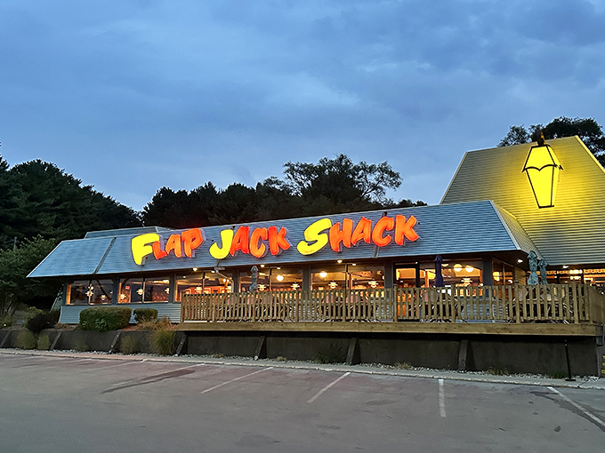 Flap Jack Shack: Where pancake dreams come true! This cheerful facade promises a syrupy adventure that'll make your taste buds dance with joy.