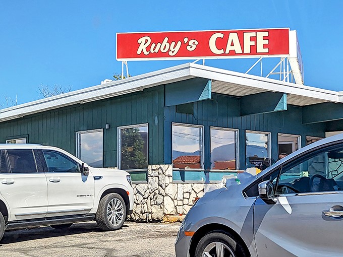 Ruby's Cafe: Where teal dreams and stone walls collide in a retro-chic diner paradise. It's like the 1950s got a Montana makeover!