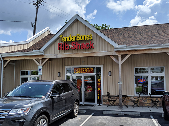 Welcome to flavor town! TenderBones Rib Shack's unassuming exterior hides a world of smoky delights, like a barbecue speakeasy for your taste buds.