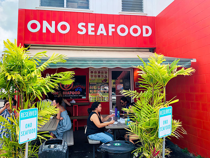 A seafood siren's call! Ono Seafood's vibrant red exterior is like a beacon for poke lovers, promising oceanic delights within.