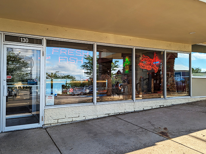 Neon dreams and seafood schemes! This unassuming storefront promises ocean-fresh delights in the heart of the Midwest.