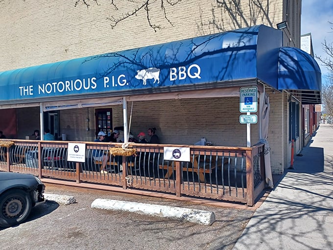 A blue awning that promises BBQ bliss? It's like finding a meaty oasis in the heart of Missoula. The Notorious P.I.G. is ready to make your taste buds dance.