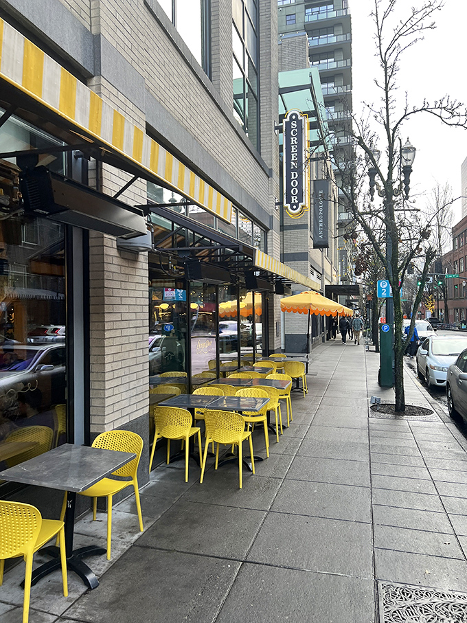 The bright yellow chairs outside Screen Door's Pearl District location pop against the urban backdrop like sunshine on a Portland rainy day.