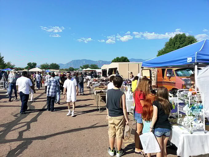 A treasure hunter's paradise unfolds beneath the Colorado sky. Blue tents stretch as far as the eye can see, promising adventures and unexpected finds at every turn.