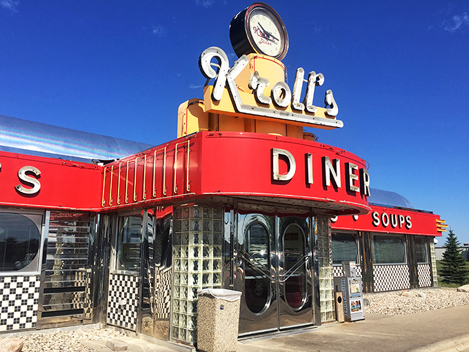 Step into a time machine disguised as a diner! Kroll's exterior screams "1950s cool" with its cherry-red awning and retro signage. Grab your poodle skirt and let's jive!