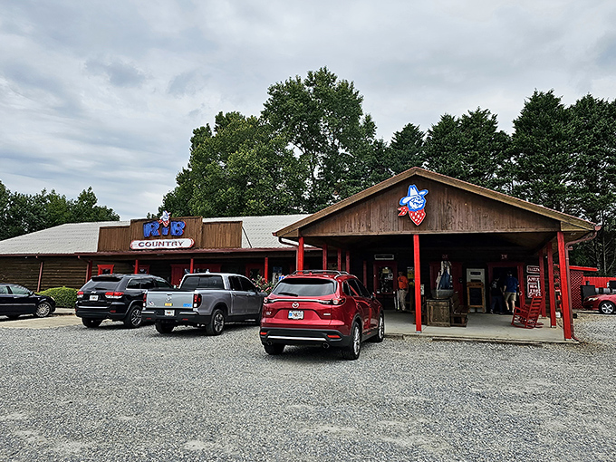 Welcome to BBQ paradise! Rib Country's rustic charm and inviting red trim promise a smoky adventure that'll make your taste buds do a happy dance.