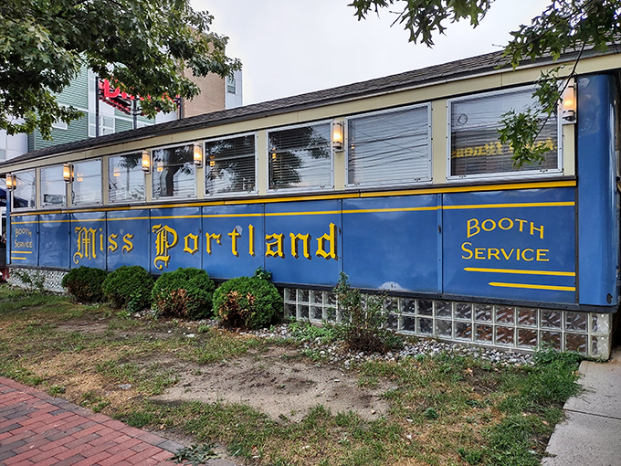 All aboard the flavor express! Miss Portland Diner's iconic blue exterior promises a journey through time and taste.