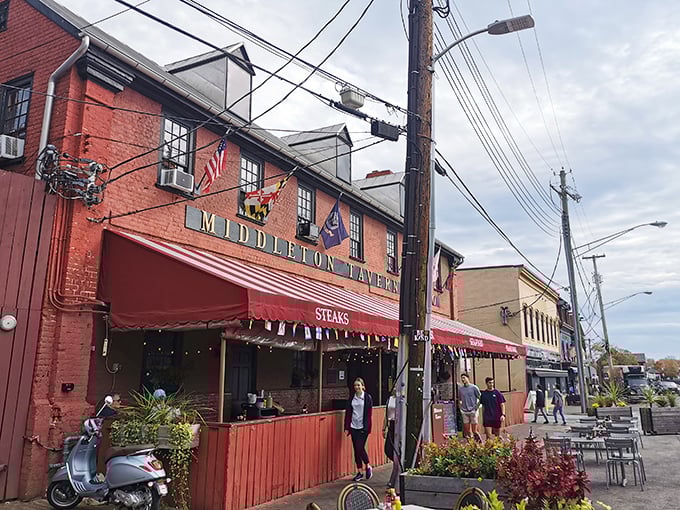 A red-brick time machine with a side of steak! Middleton Tavern's exterior promises a journey through history and flavor.