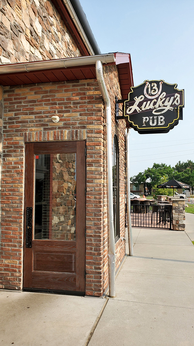 Welcome to Lucky's 13 Pub, where the horseshoe sign promises good fortune and the brick exterior hints at cozy comfort within. Step inside and let the culinary adventure begin!