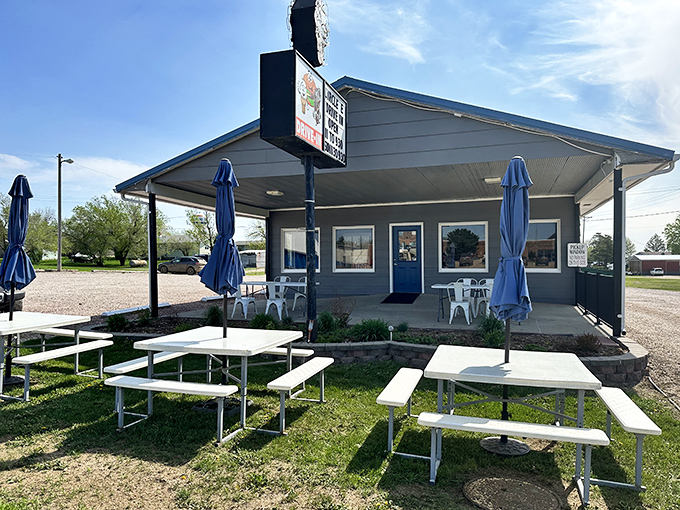 Welcome to burger paradise! The Circle E Drive-In's exterior promises a journey back to simpler times and tastier bites.