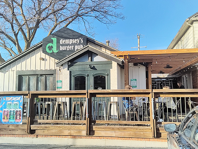 Welcome to burger paradise! Dempsey's charming exterior promises a feast for the senses, with its inviting porch and rustic charm. It's like a siren song for your taste buds.