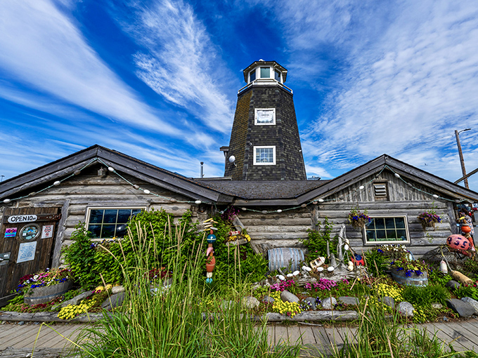 A lighthouse on a log cabin? It's like the Salty Dawg Saloon couldn't decide between land and sea, so it chose both!