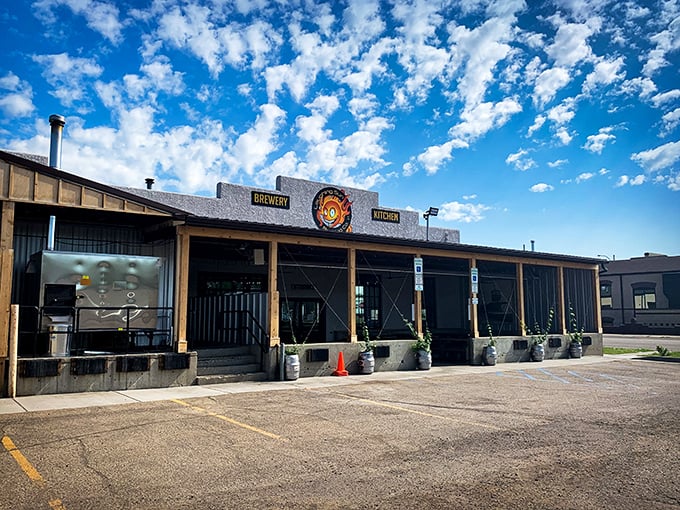 Welcome to flavor paradise! Laughing Sun Brewing Co.'s exterior promises a feast for the senses, with its inviting facade and cheerful logo beckoning food lovers and beer enthusiasts alike.