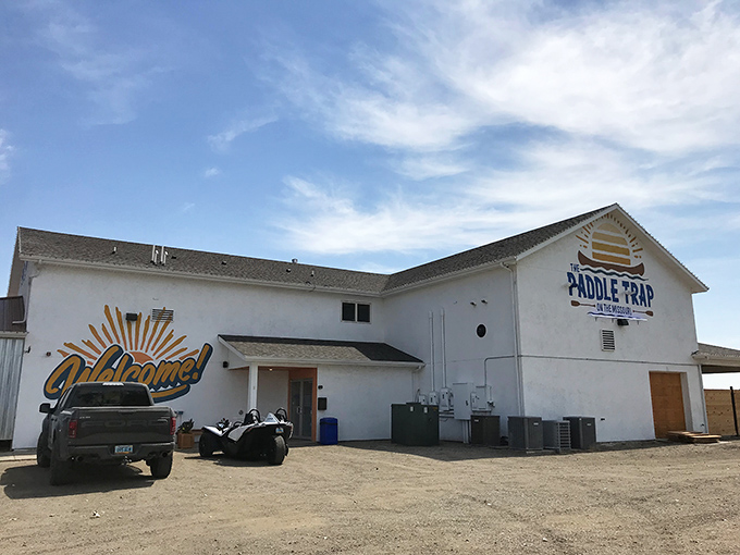 Welcome to seafood paradise! The Paddle Trap's exterior promises a wave of flavor in the heart of North Dakota's prairie.