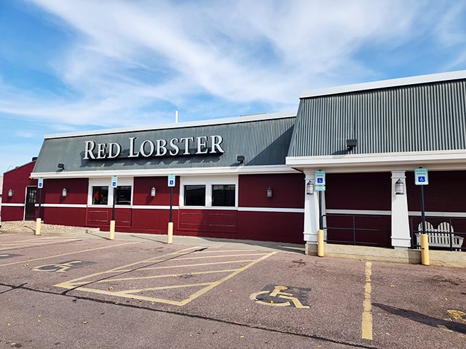 A seafood oasis in the prairie! Red Lobster's exterior promises a maritime adventure, even if the closest ocean is your bathtub.