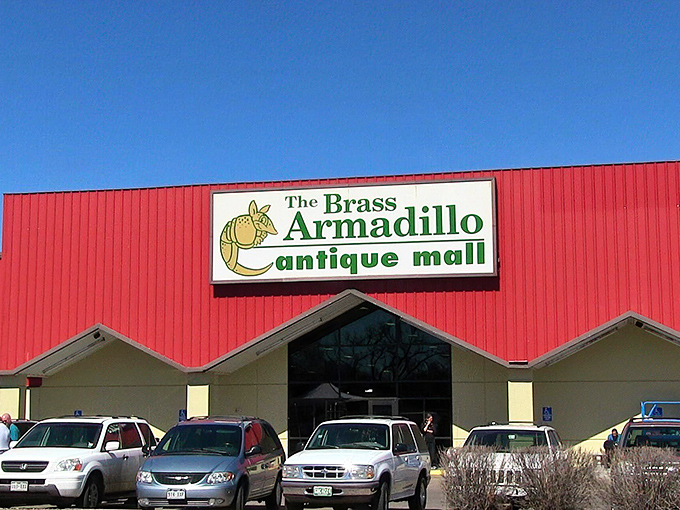 Welcome to the Brass Armadillo, where the exterior is as subtle as a neon sign in Vegas. This red-roofed wonderland promises treasures galore!