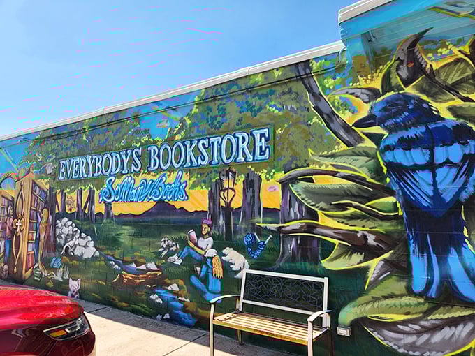 Welcome to the Technicolor dreamscape of Everybody's Bookstore! This mural is like Mother Nature and Dr. Seuss had a paint party.