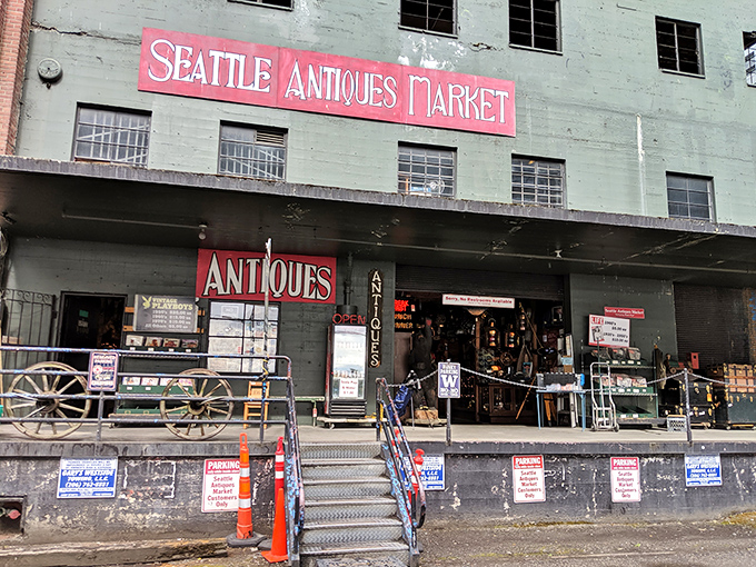Step right up to the time machine! The Seattle Antiques Market facade promises a journey through history, with a side of quirky charm.
