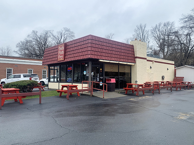 A red-roofed oasis of fried delights! Ted's Fish Fry stands like a beacon of comfort food, promising seafood salvation to weary travelers and locals alike.