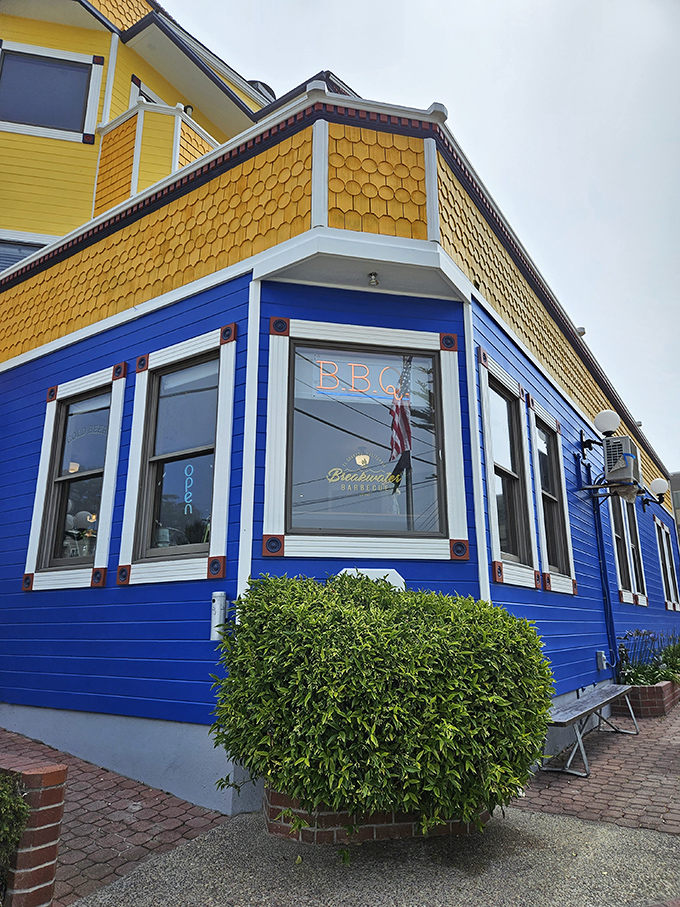 A sunshine-yellow beacon of BBQ bliss! This coastal culinary lighthouse stands out like a cheerful Big Bird in a sea of gray seagulls.