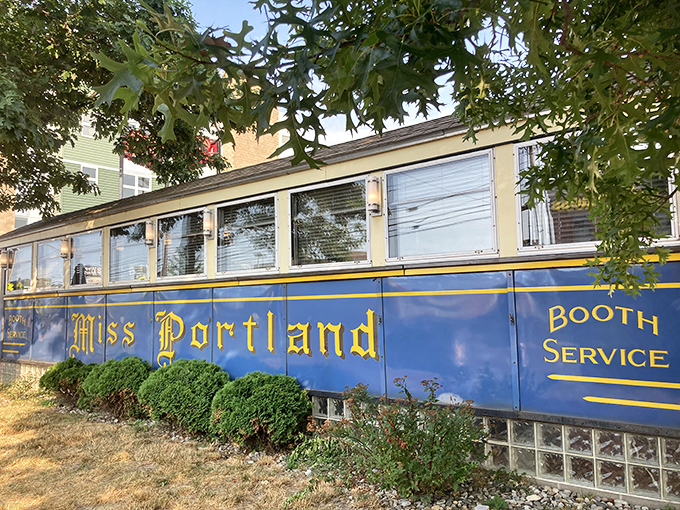 All aboard the flavor express! Miss Portland Diner's iconic blue exterior promises a journey through time and taste.
