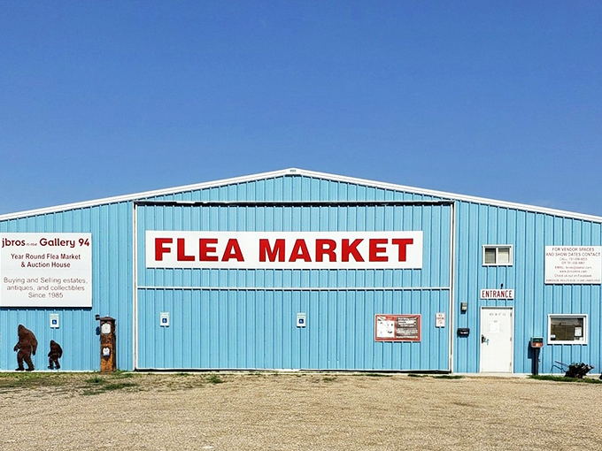 Welcome to the blue behemoth of bargains! JBros-n-Me Gallery 94 stands proud, a teal titan beckoning treasure hunters from far and wide.