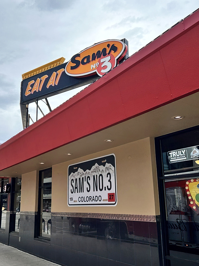 A beacon of culinary delight! Sam's No. 3 stands proud, its red awning a siren call to hungry souls seeking breakfast nirvana.