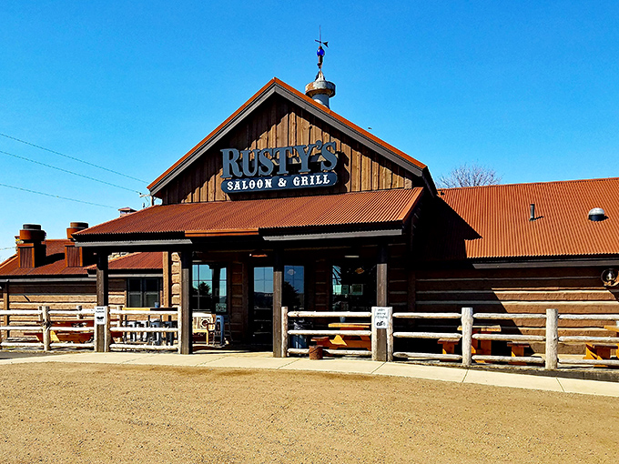 Rusty's Saloon & Grill: Where the Wild West meets Midwest charm. This rustic exterior promises a dining adventure that'll have you saying "Yee-haw!" to flavor.