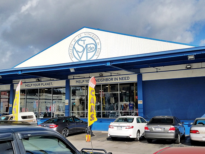 The blue-fronted wonderland beckons with promises of "HELP YOUR BUDGET," "HELP YOUR PLANET," and "HELP YOUR NEIGHBOR IN NEED." Triple win!