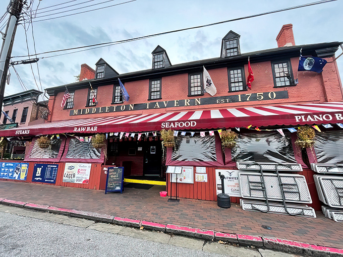 A red-brick time machine with a side of steak! Middleton Tavern's exterior promises a journey through history and flavor.
