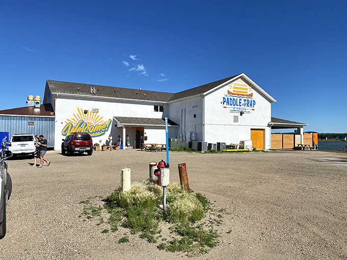 Welcome to seafood paradise! The Paddle Trap's exterior promises a wave of flavor in the heart of North Dakota's prairie.