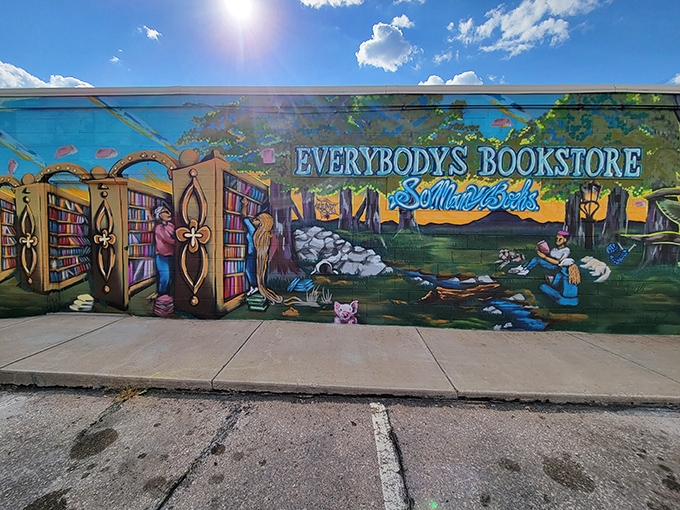 Welcome to the Technicolor dreamscape of Everybody's Bookstore! This mural is like Mother Nature and Dr. Seuss had a paint party.