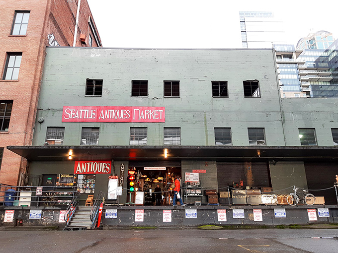 Step right up to the time machine! The Seattle Antiques Market facade promises a journey through history, with a side of quirky charm.