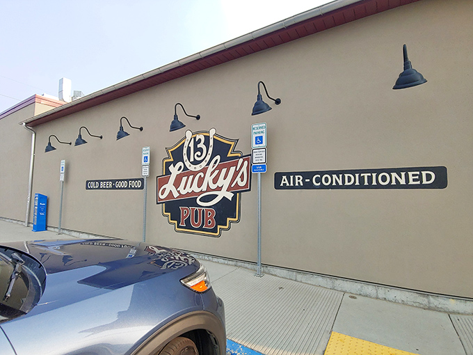 Welcome to Lucky's 13 Pub, where the horseshoe sign promises good fortune and the brick exterior hints at cozy comfort within. Step inside and let the culinary adventure begin!