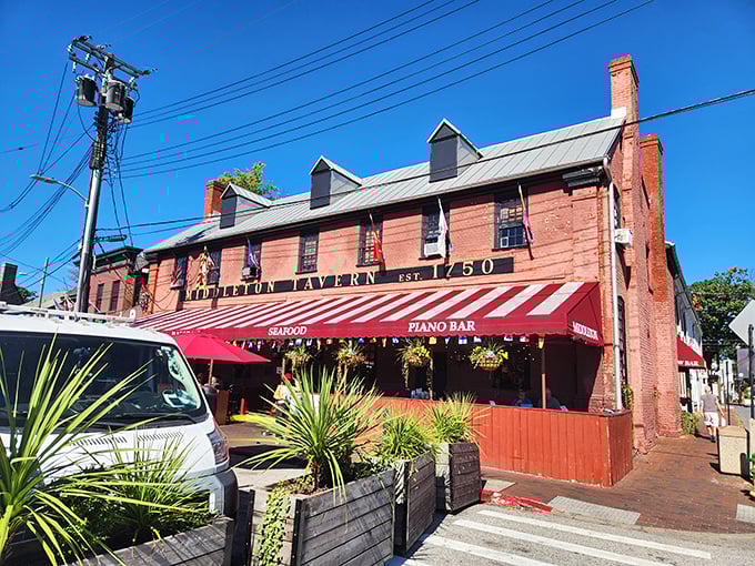 A red-brick time machine with a side of steak! Middleton Tavern's exterior promises a journey through history and flavor.