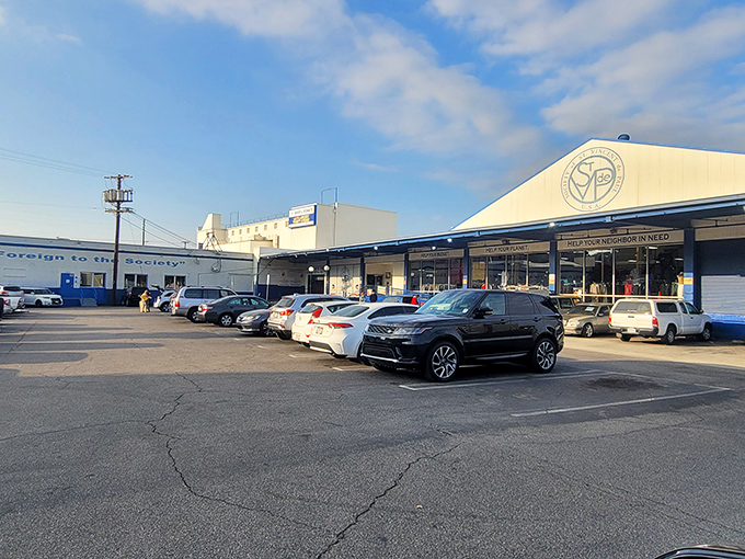 The blue-fronted wonderland beckons with promises of "HELP YOUR BUDGET," "HELP YOUR PLANET," and "HELP YOUR NEIGHBOR IN NEED." Triple win!