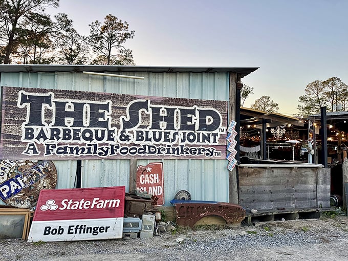 Welcome to barbecue wonderland! The Shed's exterior is a delightful mishmash of signs, statues, and Southern charm that'll make you grin before you even step inside.