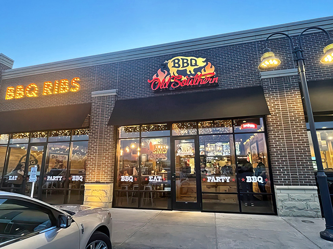 Welcome to BBQ paradise! Old Southern's neon sign glows like a beacon, guiding hungry souls to smoky nirvana.